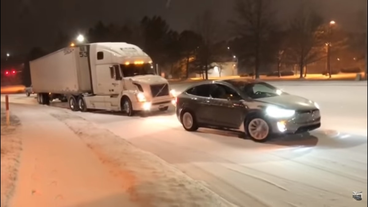 Tesla's Model X is Powerful Enough to Pull a Semi Up a Hill in the Snow