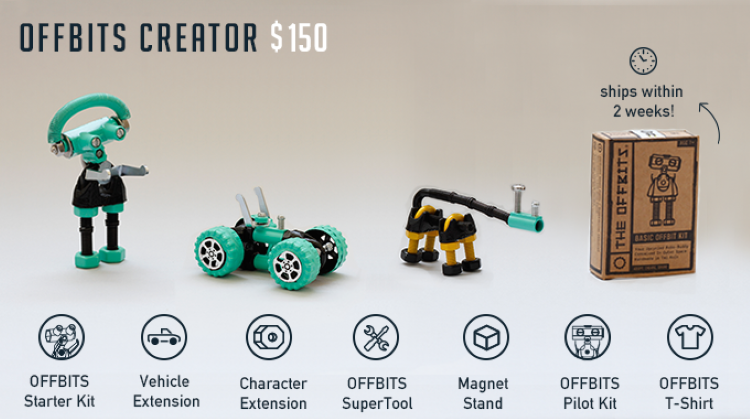 The Offbits robot builder kit from spare parts