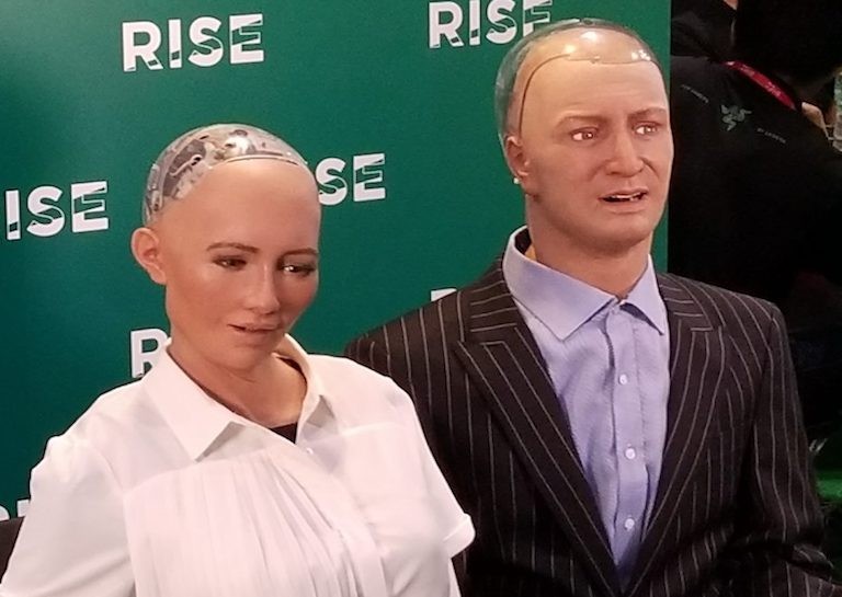 Two Humanoid Robots Discuss the Fate of Humanity